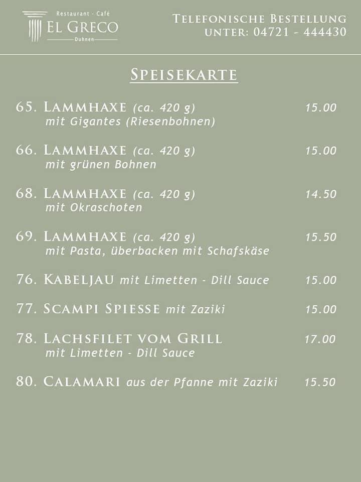 Carta del restaurante El Greco, Cuxhaven