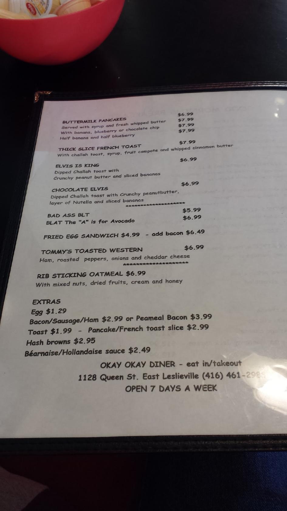 Menu at Okay Okay Diner cafe, Toronto