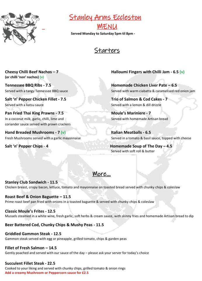Menu at The Stanley Arms pub & bar, St Helens