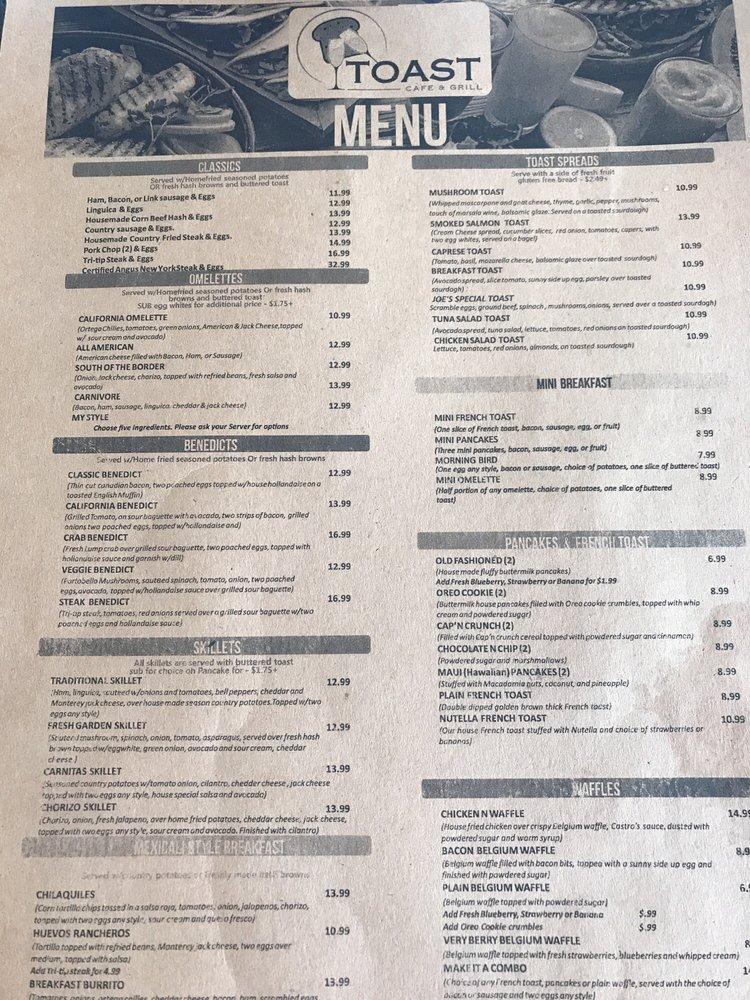 Carta de Toast Cafe & Grill, San Jose, Bird Ave.