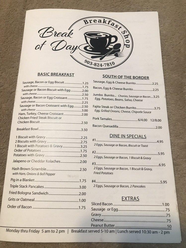Menu at Break of Day Breakfast Shop restaurant, Queen City