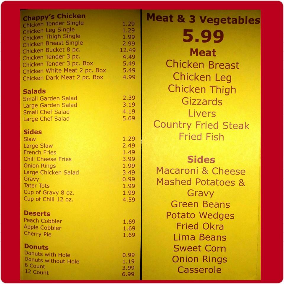 Menu at Chappy's Chicken at the 4way, Seneca