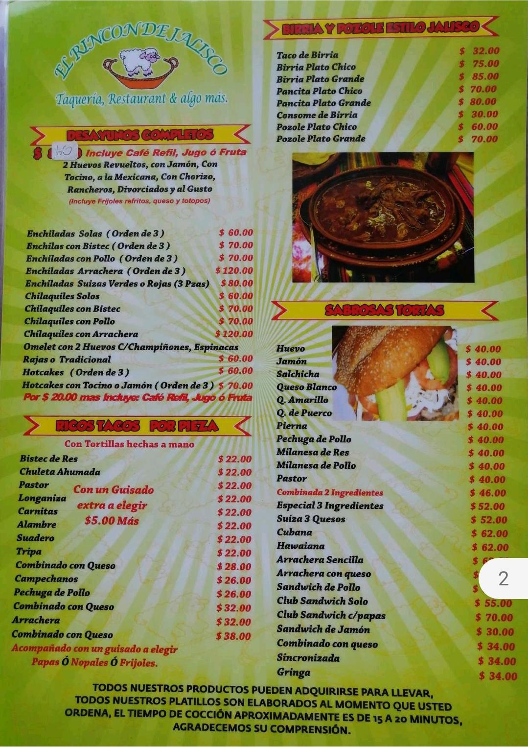 Carta del restaurante EL RINCON DE JALISCO, Ciudad del México, Av. Rio ...
