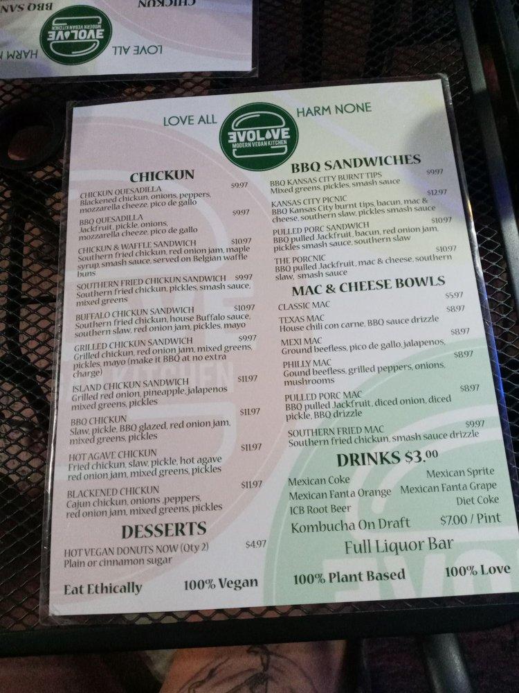 Menu at Evolve Modern Vegan Kitchen pub & bar, Daytona Beach
