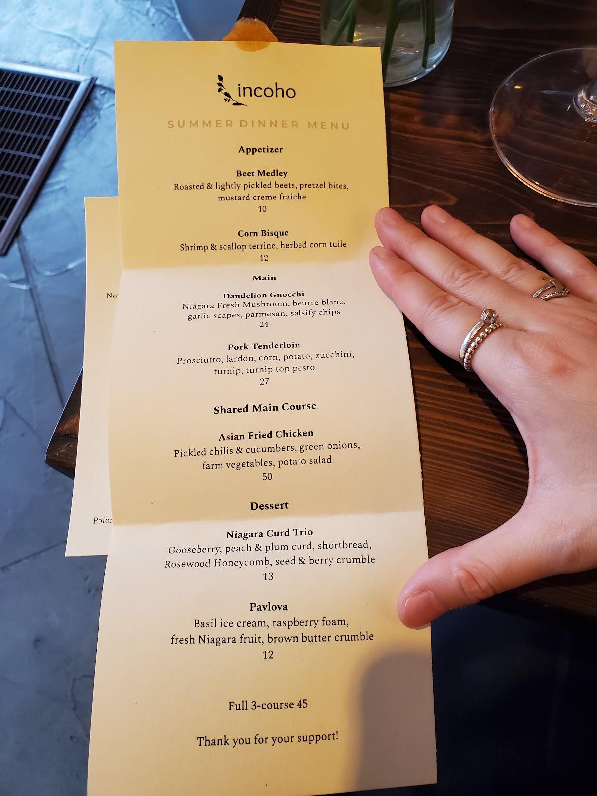 Menu at Incoho Restaurant, St. Catharines
