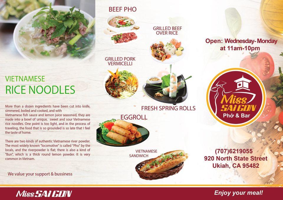 Menu at Miss Saigon restaurant, Ukiah