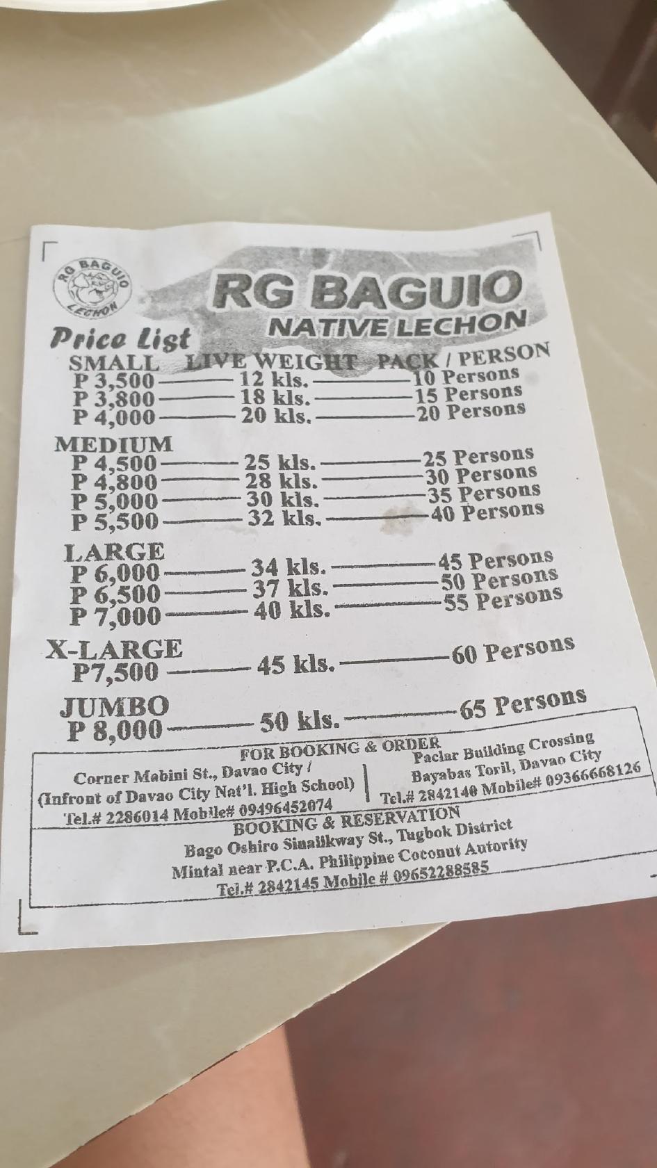 Menu at Rg Baguio Native Lechon restaurant, Davao City