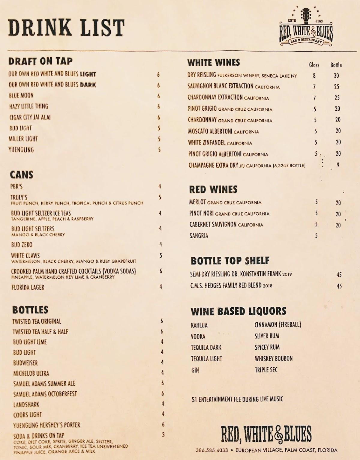 Menu at Red, White & Blues pub & bar, Palm Coast