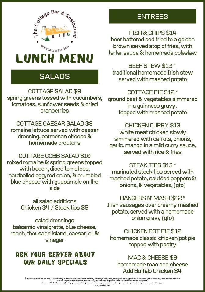 Menu at The Cottage Bar & Restaurant, Weymouth
