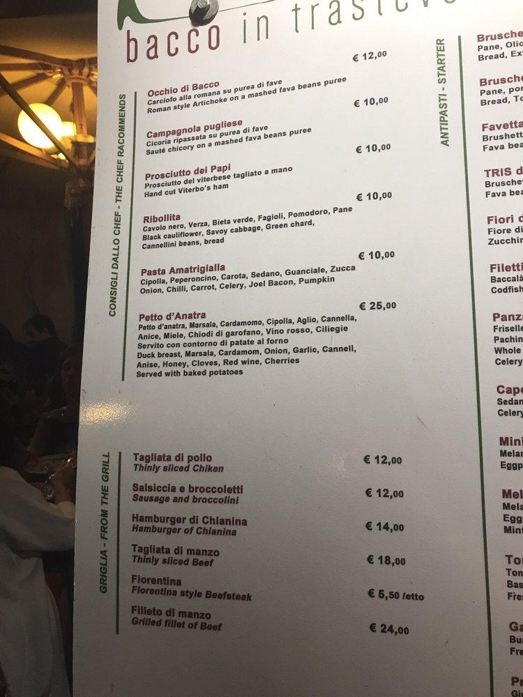 Menu at Bacco In Trastevere restaurant, Rome