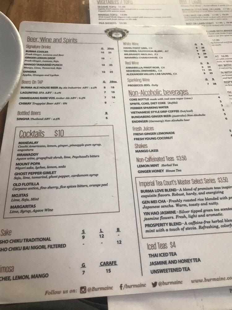 Menu at Burma Superstar restaurant, Alameda