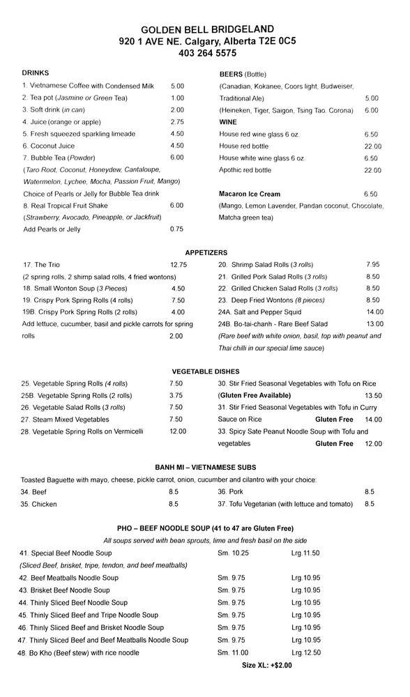 Menu at Golden Bell Bridgeland restaurant, Calgary, 920 1 Ave NE