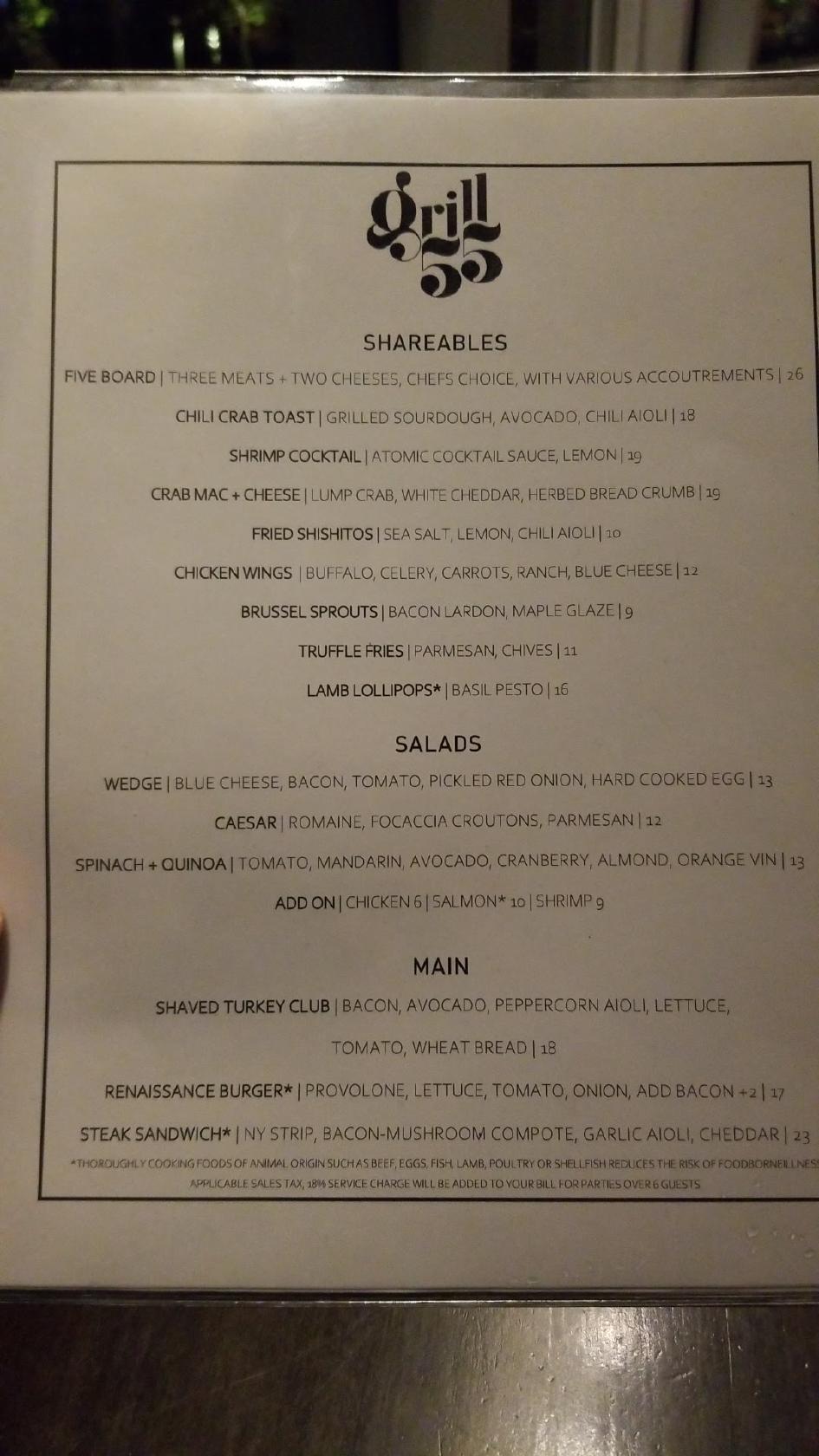 Menu at Grill 55 restaurant, Las Vegas