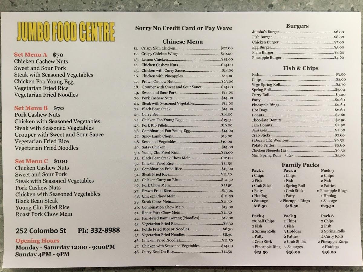 Menu at Jumbo Food Centre restaurant, Christchurch