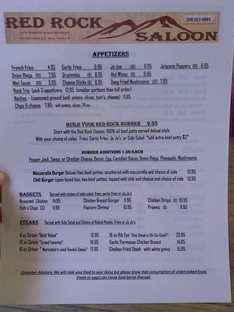 Menu at Red Rock Saloon pub & bar, Conconully