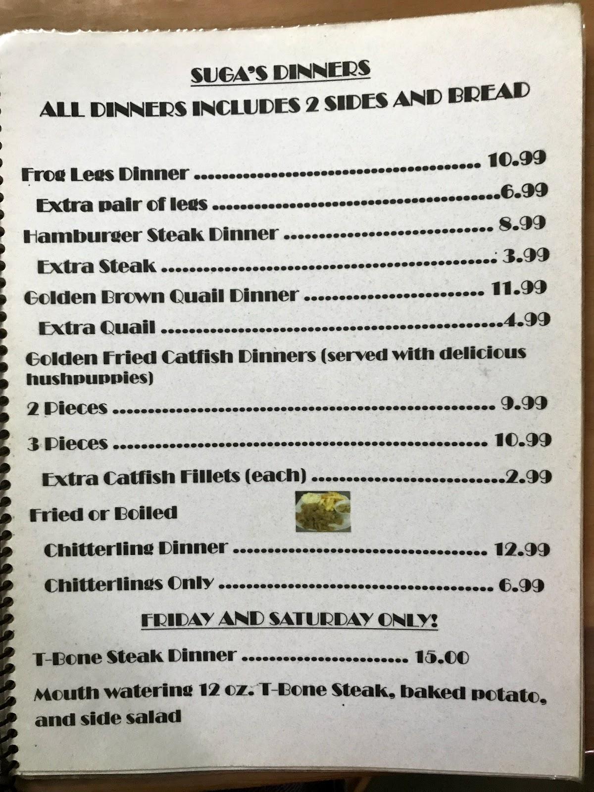 Menu at Suga's Diner restaurant, Stanton