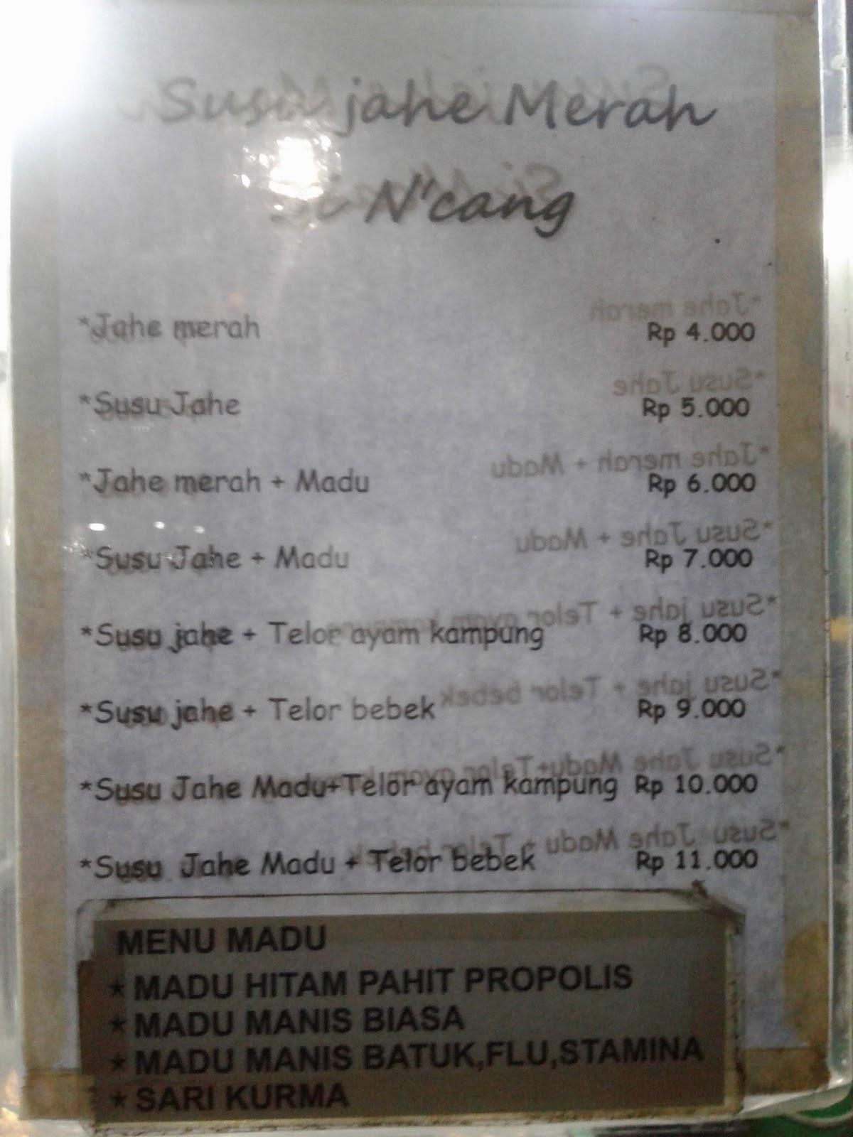 Menu at susu jahe merah si ncank desserts, East Jakarta