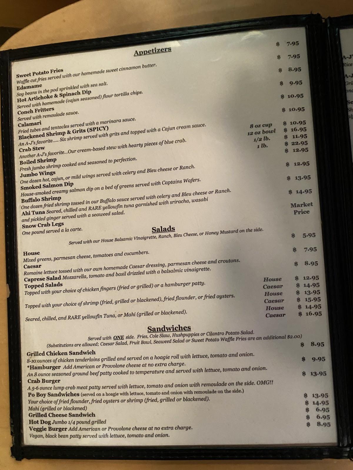 Menu at A-J's Dockside Restaurant, Tybee Island