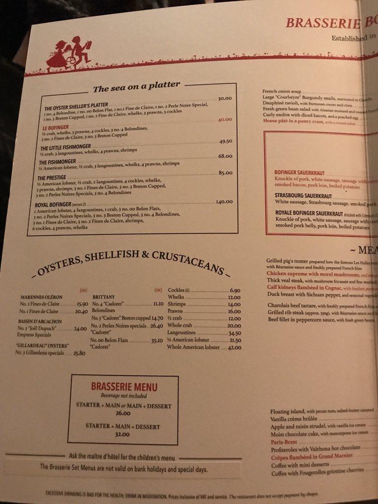 Menu au Bofinger restaurant, Paris, 5-7 Rue de la Bastille