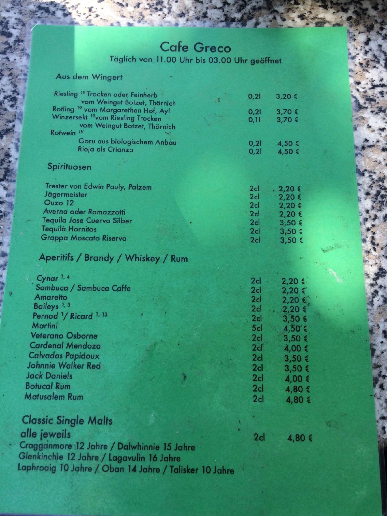 Menu at Cafe Greco, Trier