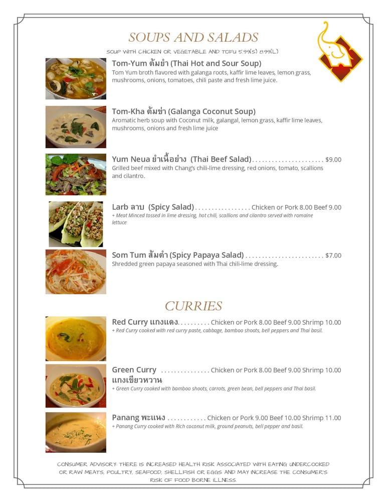 Menu at Chang Thai restaurant, Sherwood