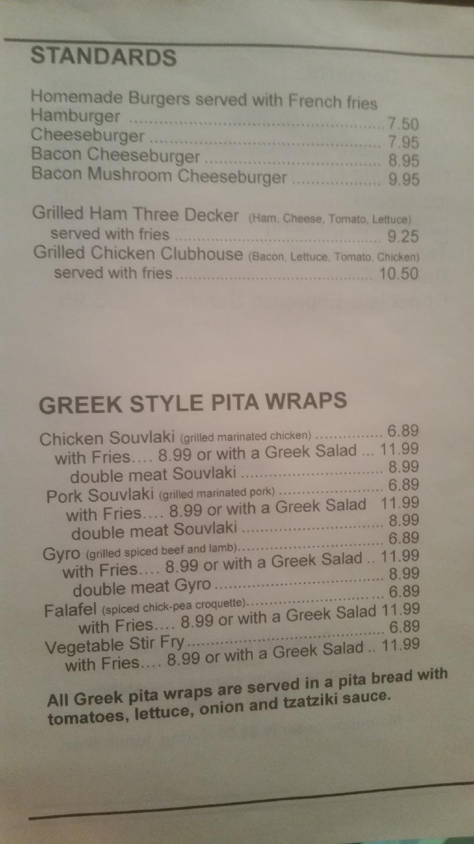 Menu at Cronos Cafe, Thunder Bay
