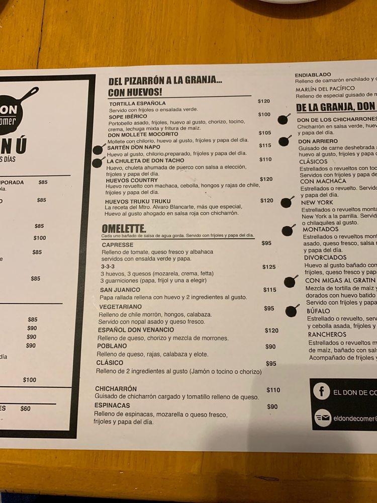Menu at El Don De Comer restaurant, Tecate