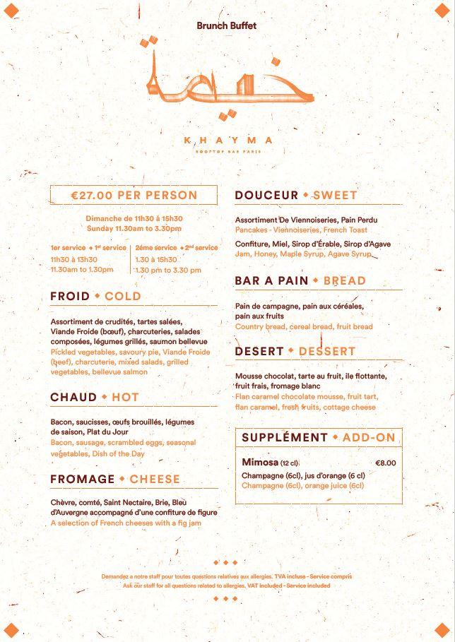 Menu au Khayma rooftop pub et bar, Paris