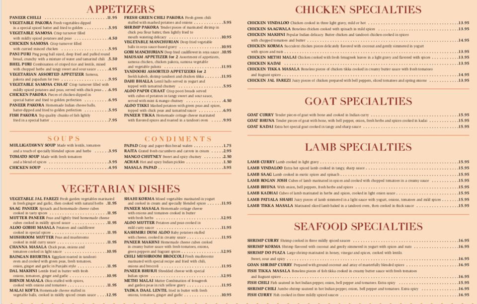 Menu at Namaste India restaurant, Mahwah