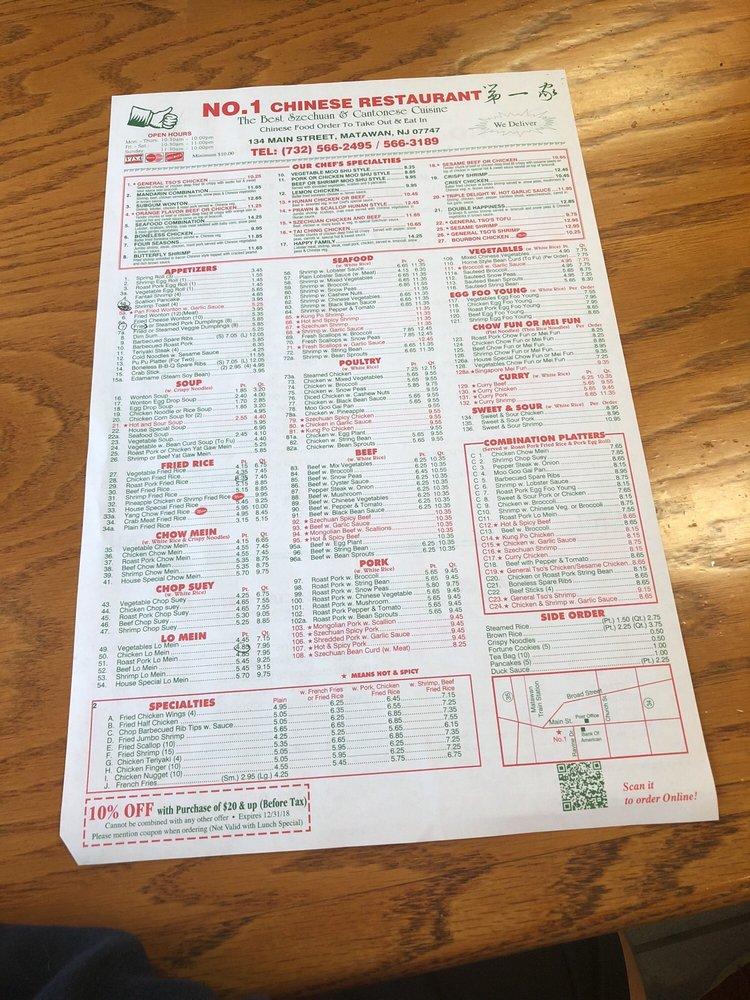 Menu at Number One Chinese restaurant, Matawan, 134 Main St