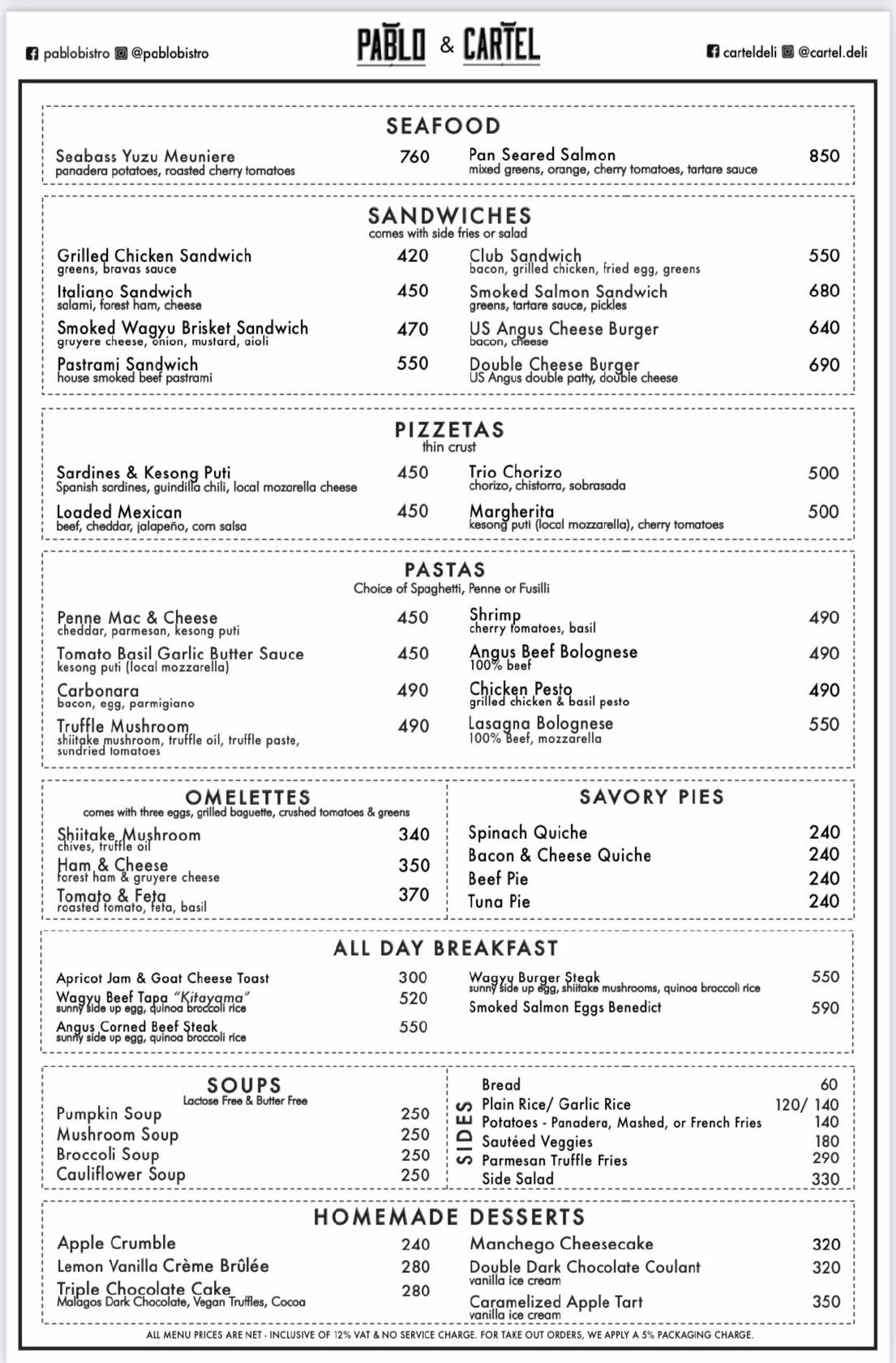 Menu at Pablo Bistro restaurant, Makati, Salcedo Village
