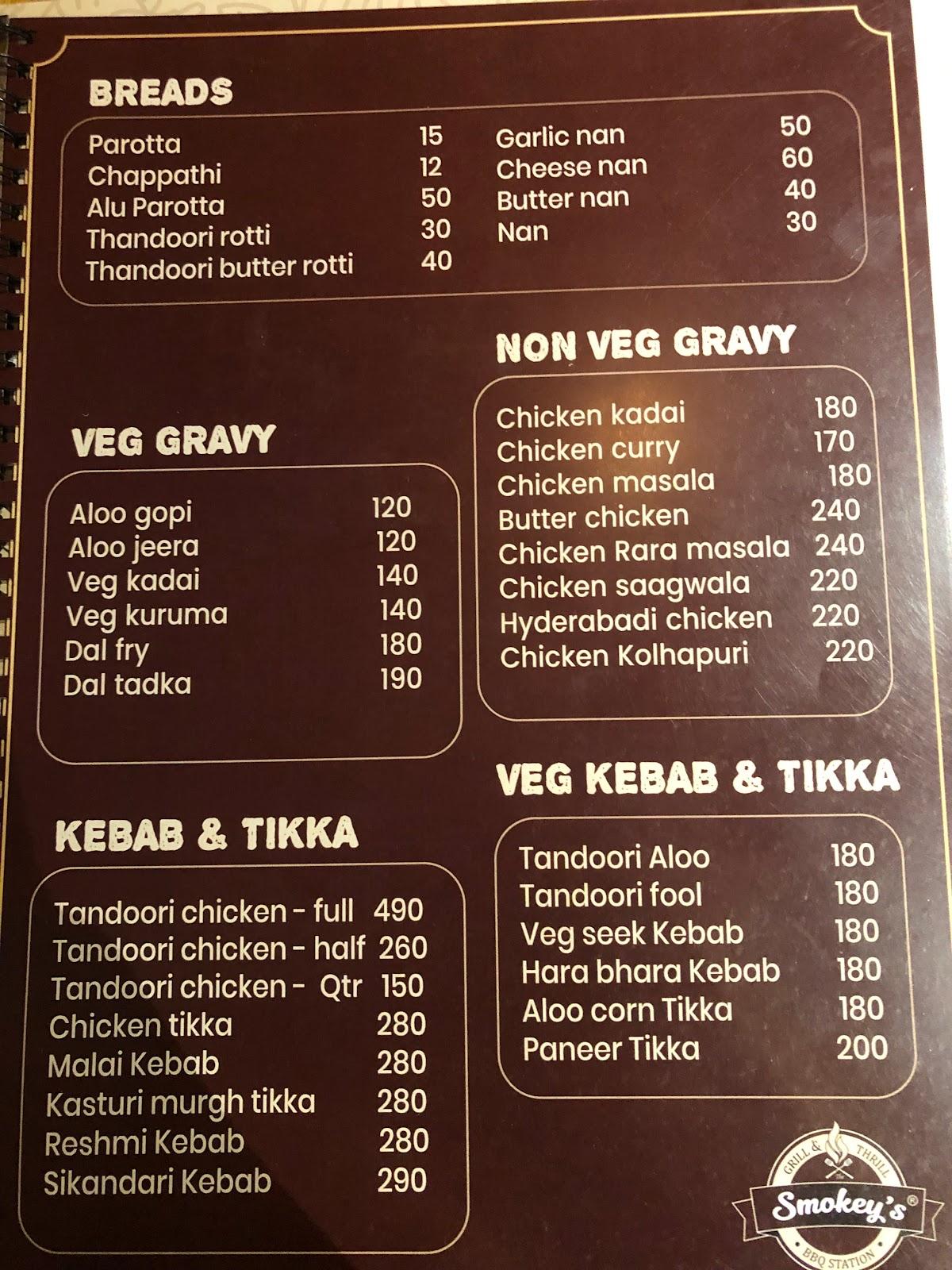 Menu at Smokeys bbq station, Palakkad