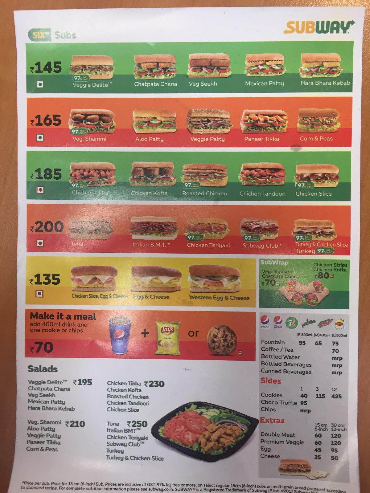 Menu at Subway, Gurugram, District commercial centre