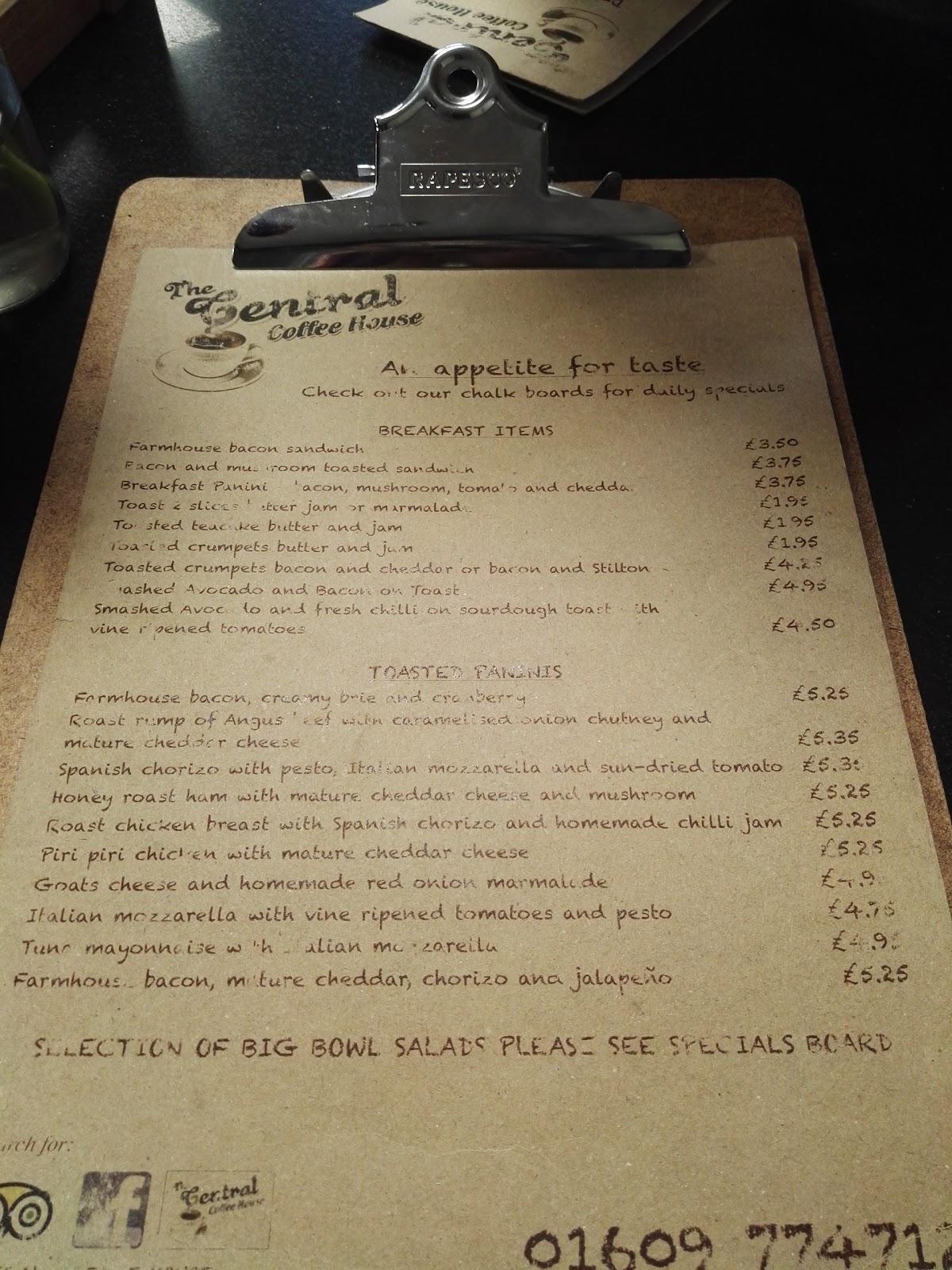 Menu at The Central Coffee House, Northallerton