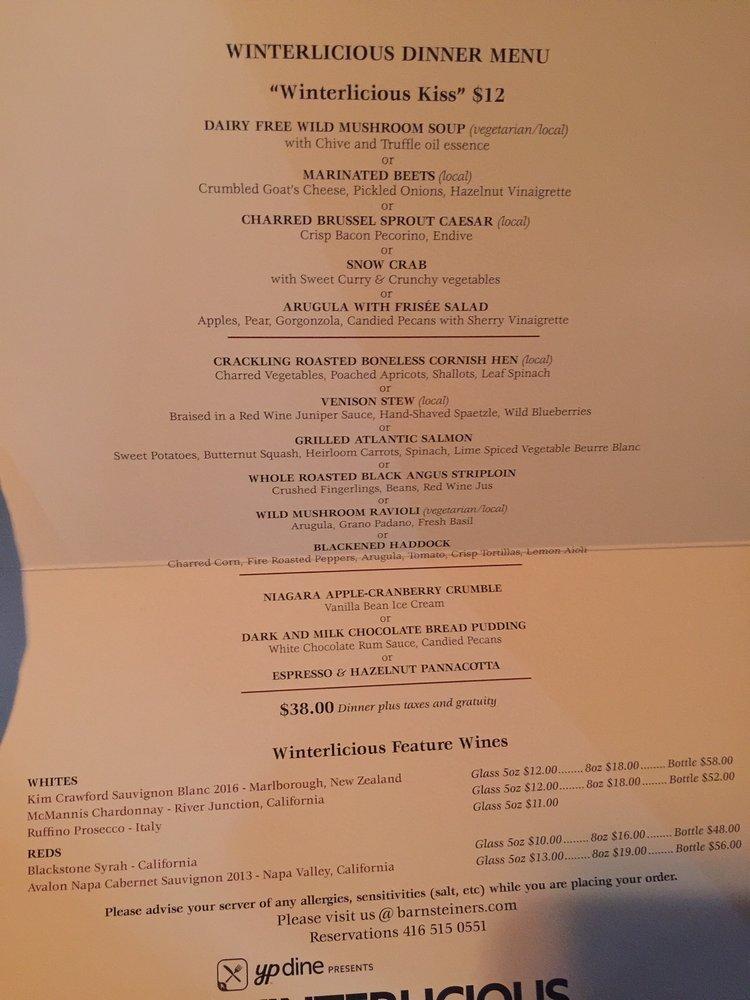 Menu at Barnsteiner's, Toronto
