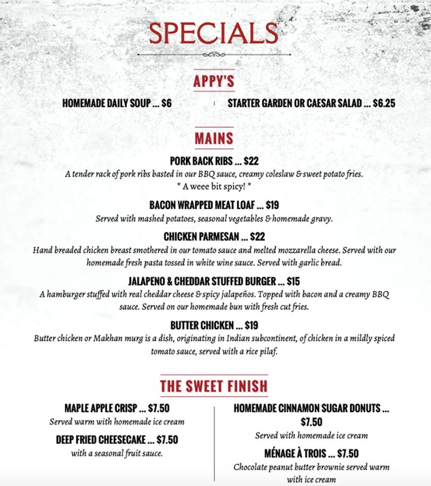 Menu at Butler's restaurant, Ingleside, 23 Thorold Ln