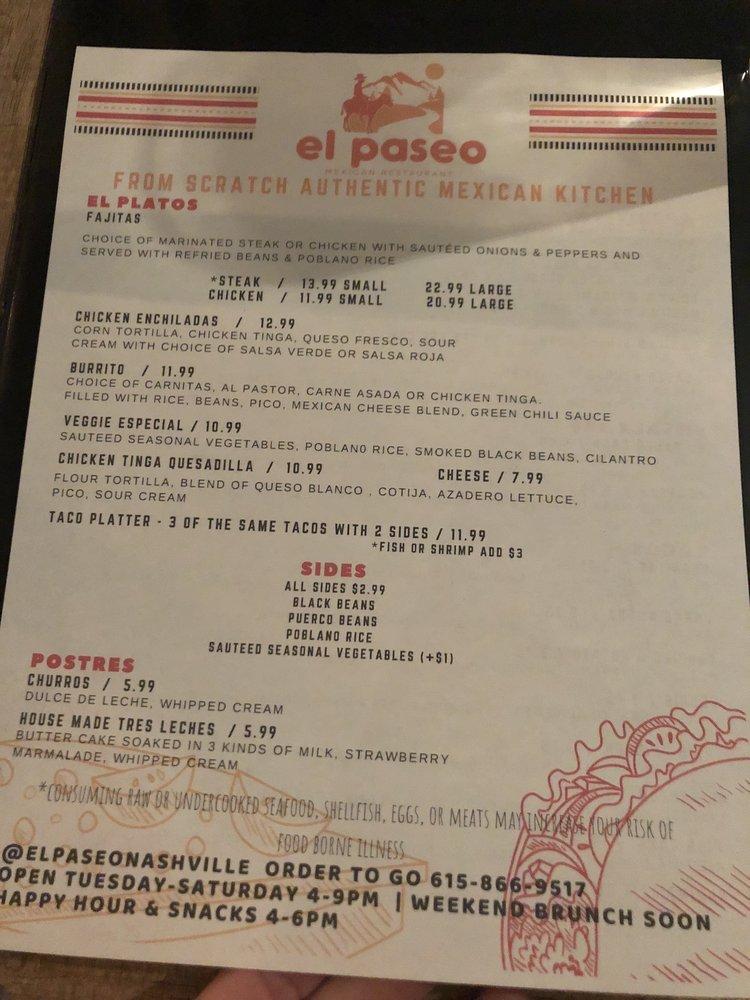 Menu at El Paseo Cantina pub & bar, Nashville