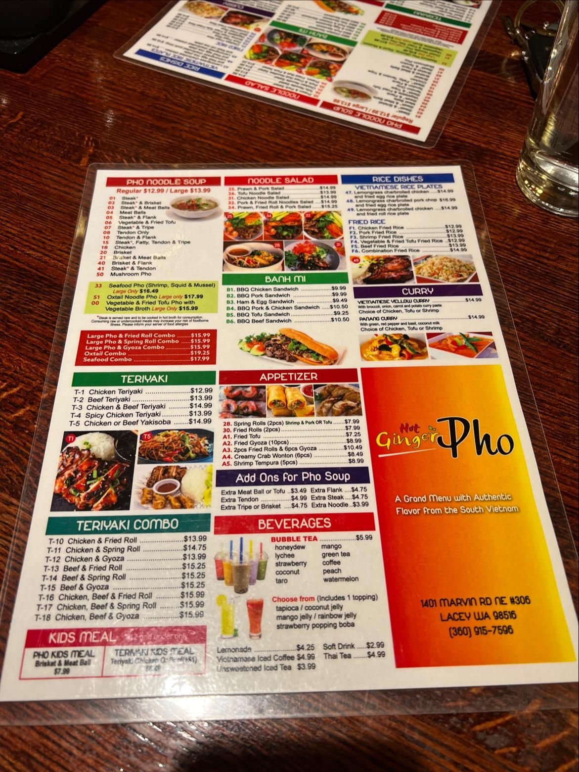 Menu at Hot Ginger Pho restaurant, Lacey