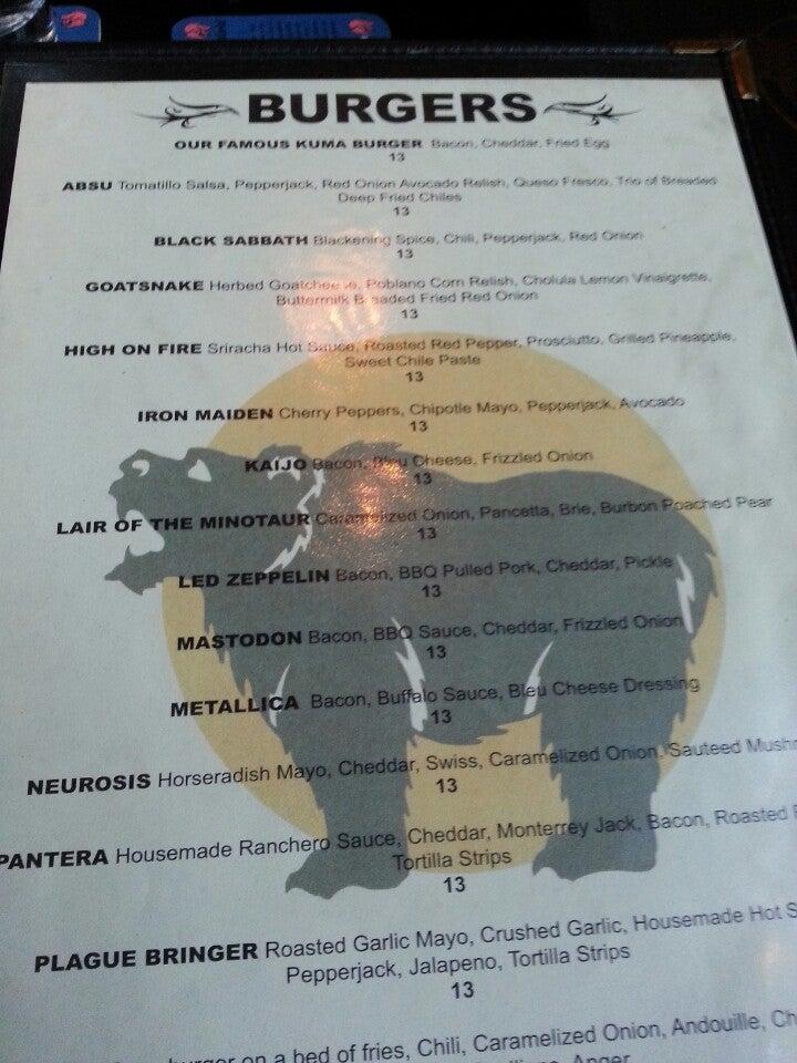 Menu at Kuma's Corner pub & bar, Chicago, W Belmont Ave