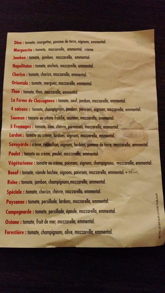 Menu at “Ola” Chez Dina pizzeria, Charvieu-Chavagneux