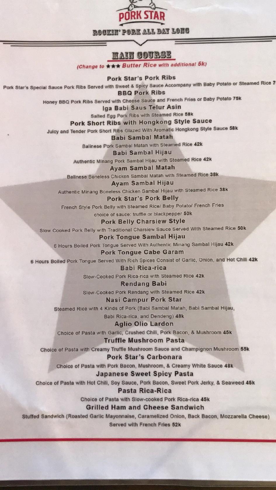 Menu at Pork Star Restaurant, Kuta