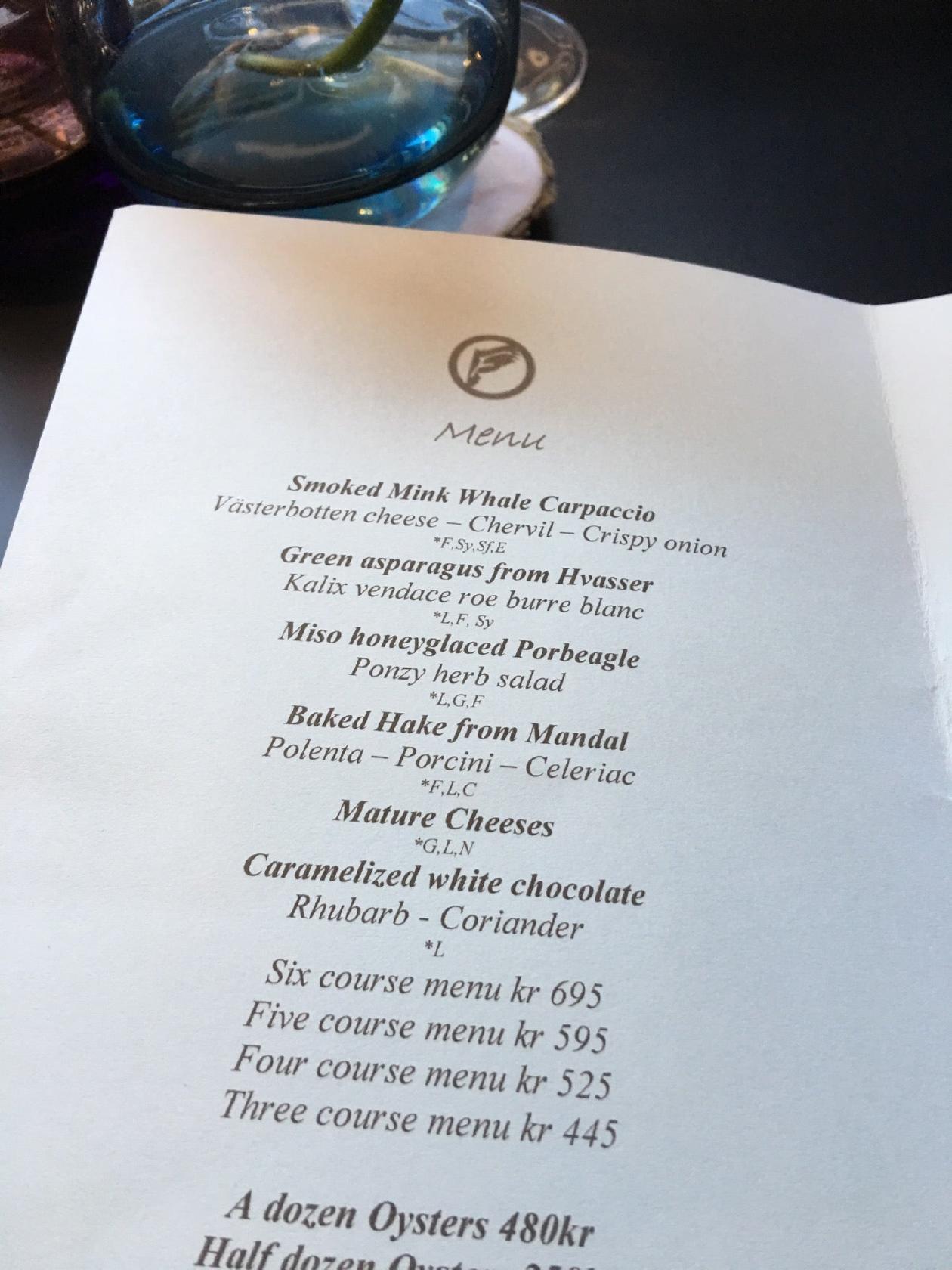 Menu at Restaurant Fjord, Oslo, Kristian Augusts gate 11