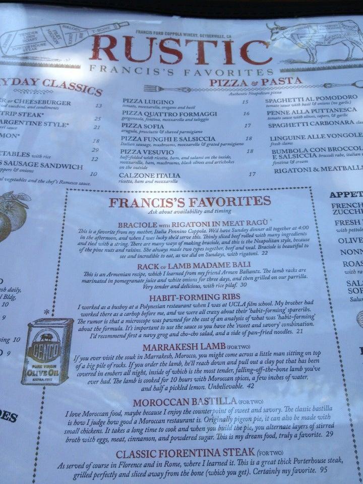 Menu at Rustic at Francis Ford Coppola Winery restaurant, Geyserville