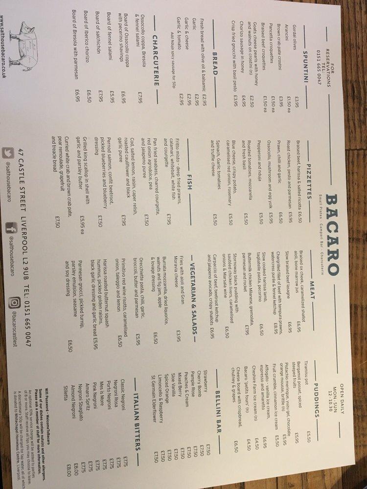 Menu at Bacaro pub & bar, Liverpool