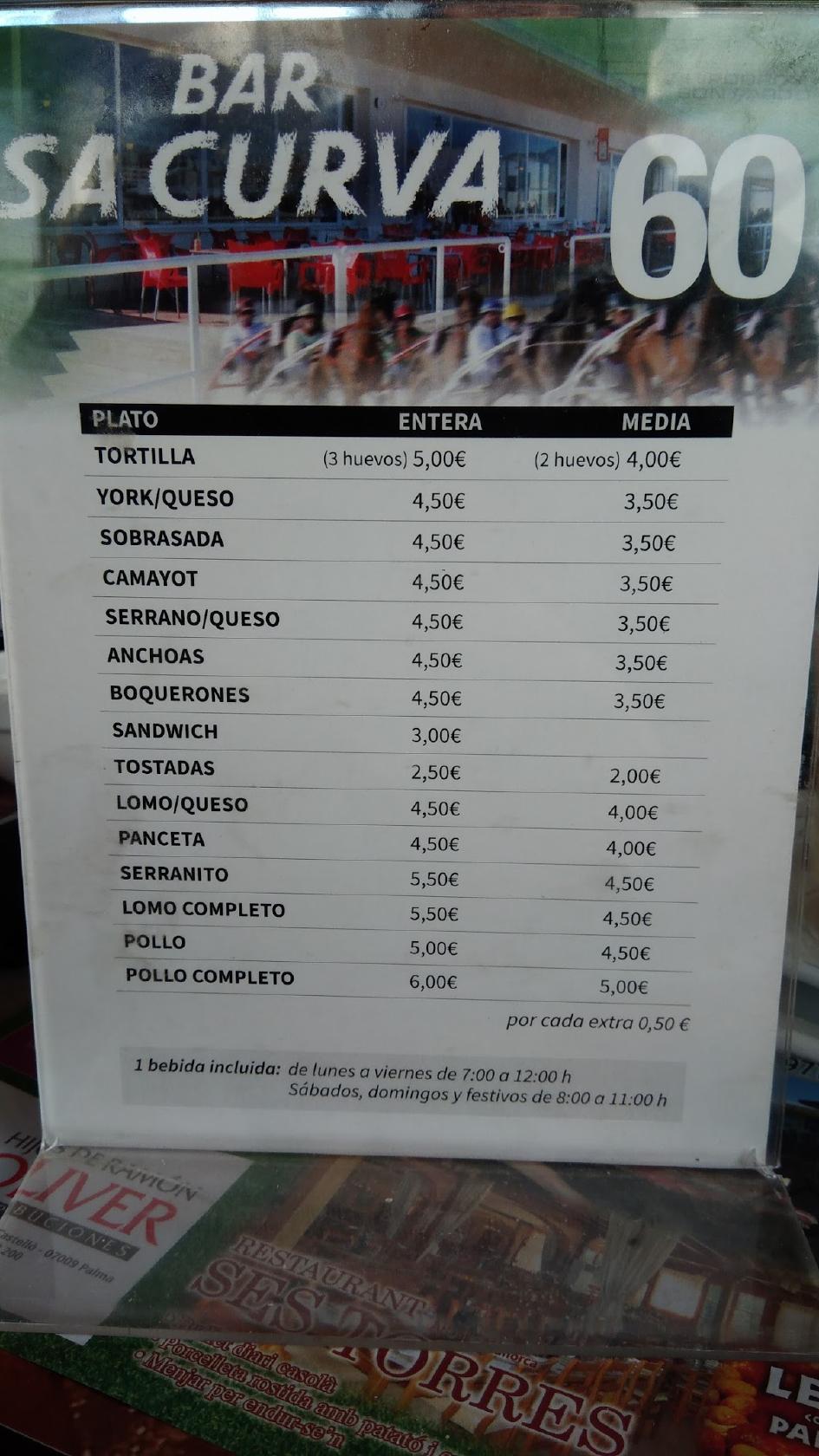 Carta de Bar Sa Curva., Palma de Mallorca, Carrer San Francisco de Sales