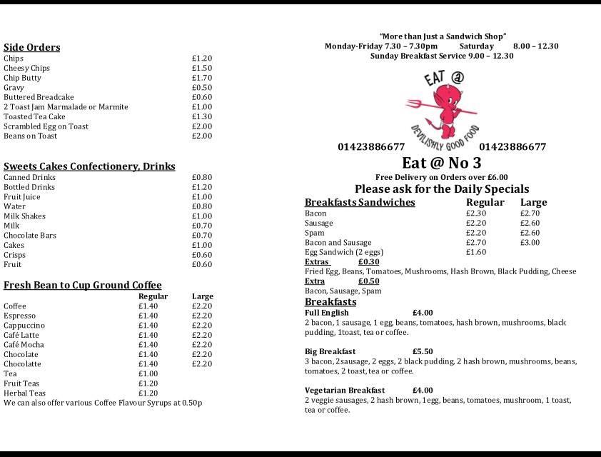 Menu at Eat @ 3 cafe, Harrogate