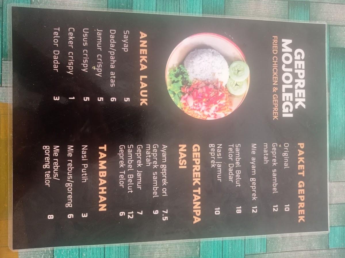 Menu at Geprek Mojolegi restaurant, Boyolali