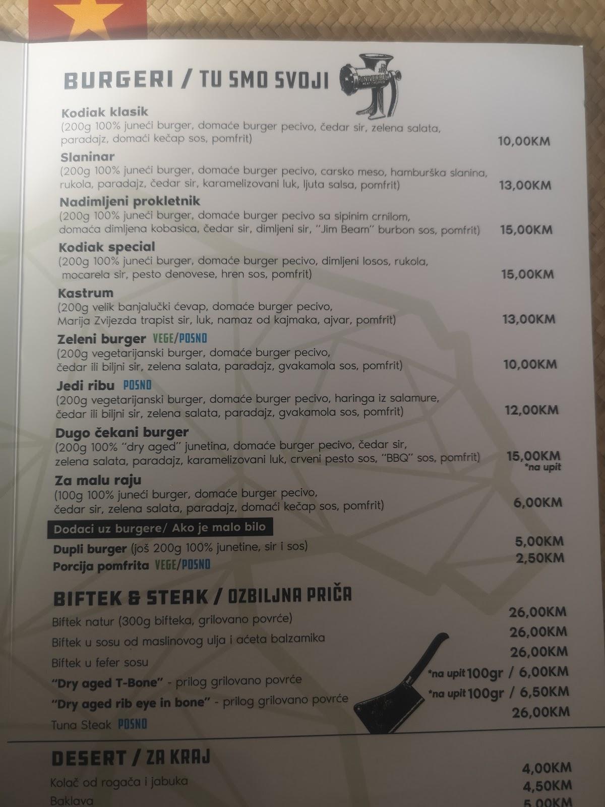 Menu at Kodiak Burger & Steak Bar, Banja Luka