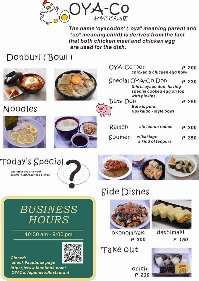 Menu at OYA-Co restaurant, Tagbilaran City