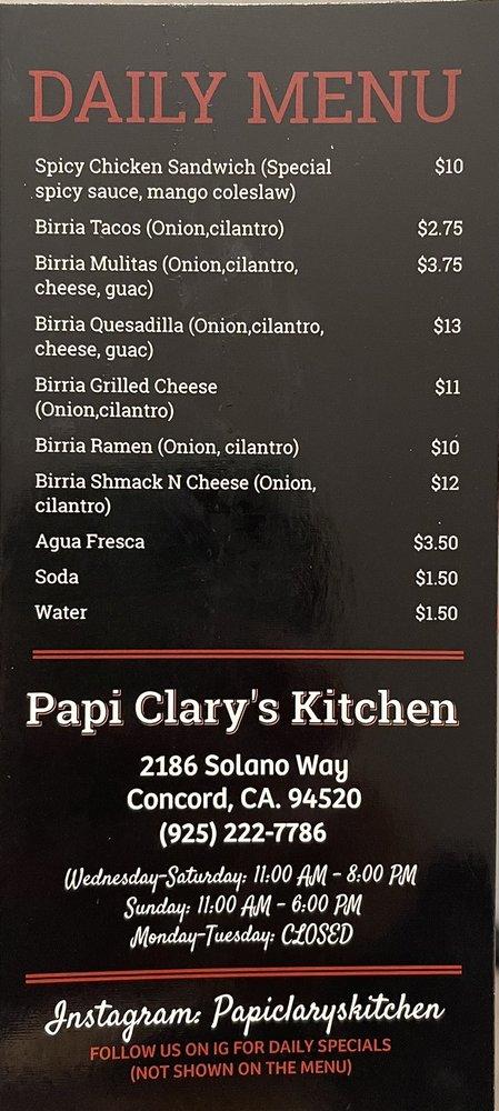 Carta del pub y bar Papi Clary's Kitchen, Concord